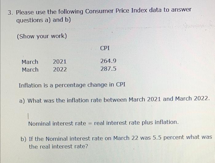 Solved 3. Please use the following Consumer Price Index data | Chegg.com