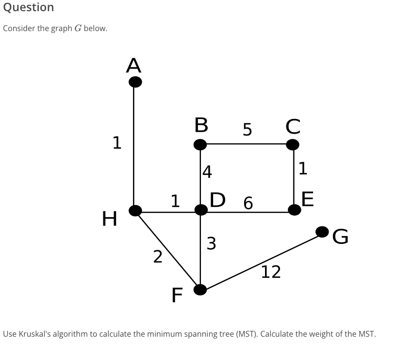 Solved QuestionConsider the graph G belowUse Kruskal's | Chegg.com Solved QuestionConsider the graph G belowUse Kruskal's | Chegg.com
