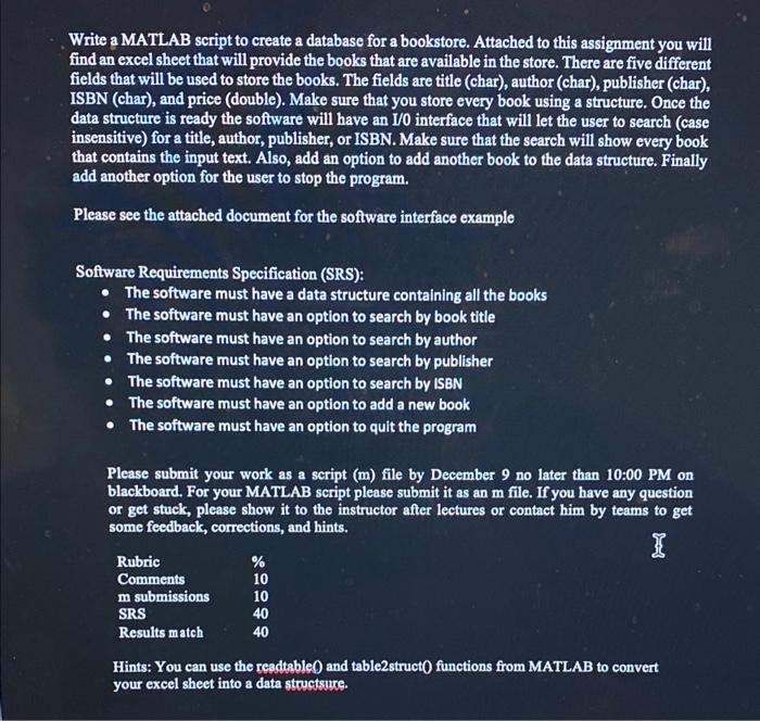 Solved Vrite A Matlab Script To Create A Database For A 2927