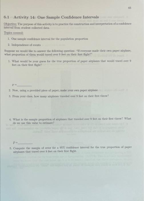 6.1 Activity 14: One Sample Confidence Intervals | Chegg.com