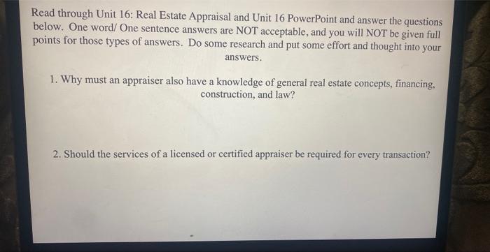 Solved Read through Unit 16: Real Estate Appraisal and Unit | Chegg.com