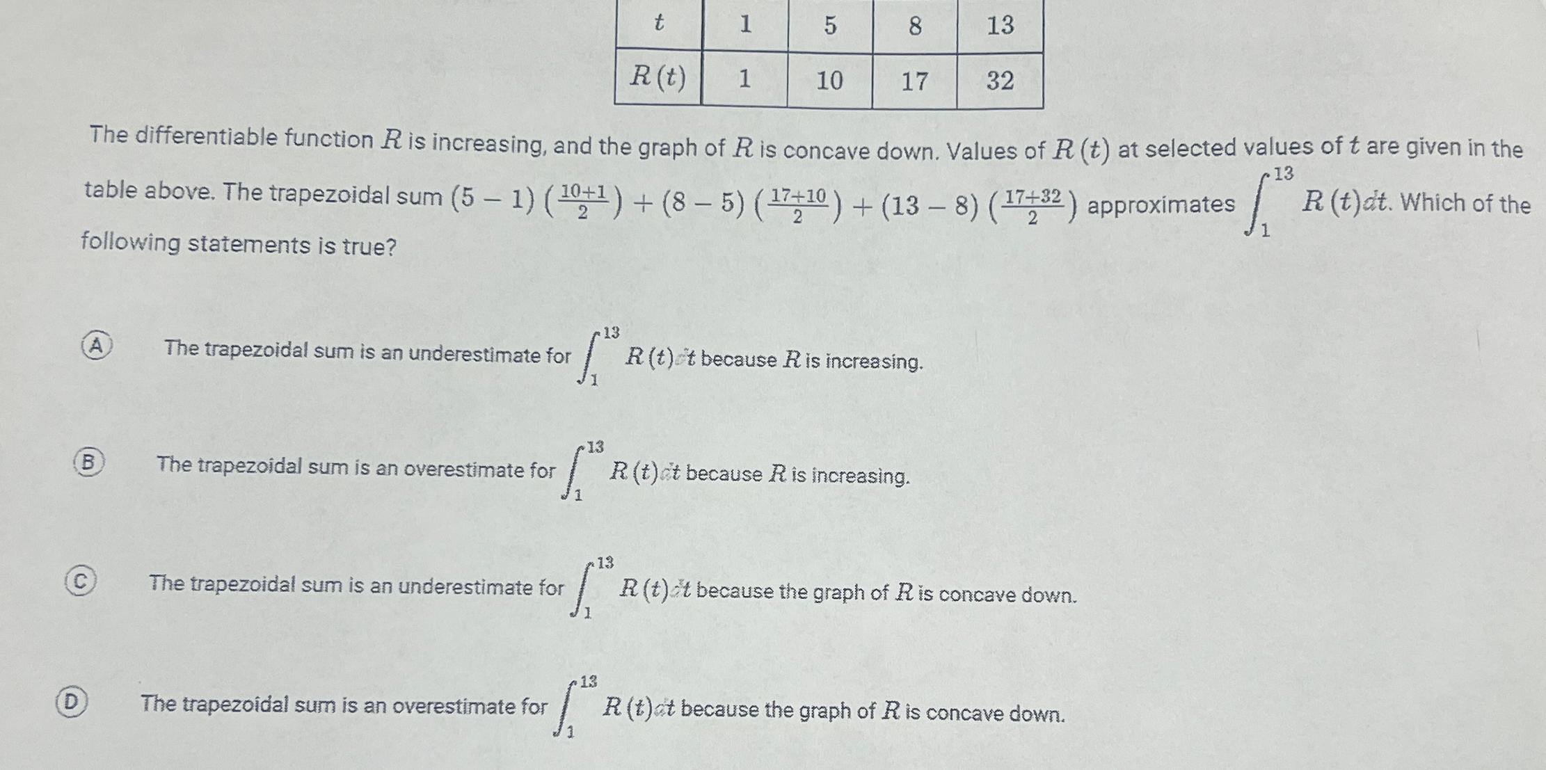 Solved \table[[t,1,5,8,13],[R(t),1,10,17,32]]The | Chegg.com