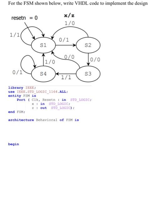 Solved For the FSM shown below, write VHDL code to implement | Chegg.com