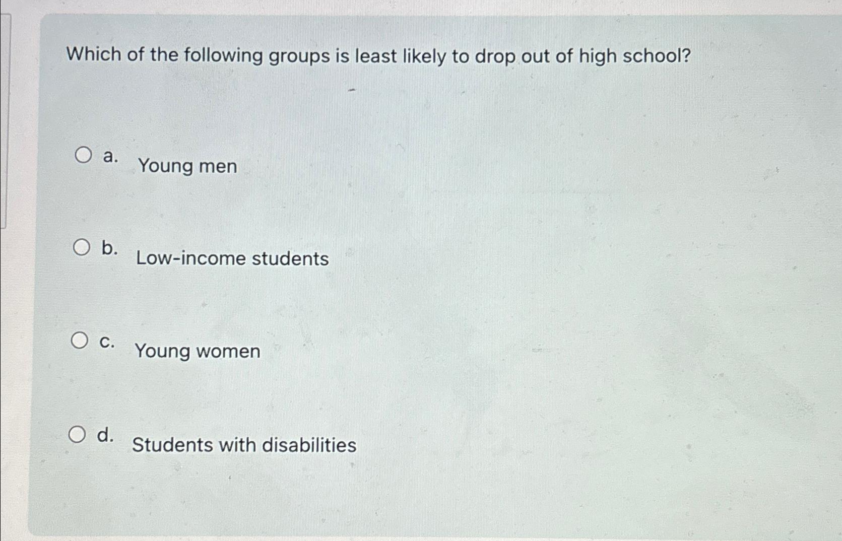 Solved Which of the following groups is least likely to drop | Chegg.com