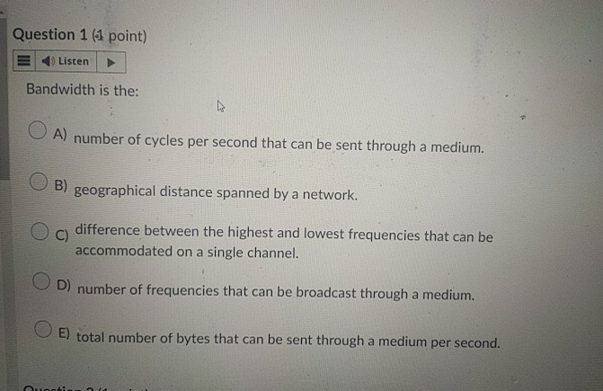 Solved Question 1 (1 ﻿point)ListenBandwidth is the:A) | Chegg.com