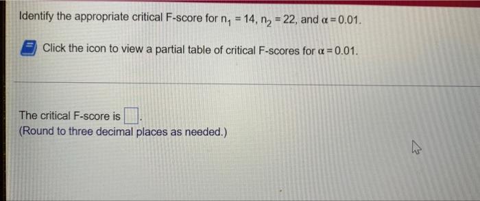 Solved Identify the appropriate critical F-score for ny = | Chegg.com