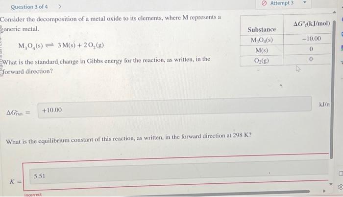 Solved Consider the decomposition of a metal oxide to its | Chegg.com