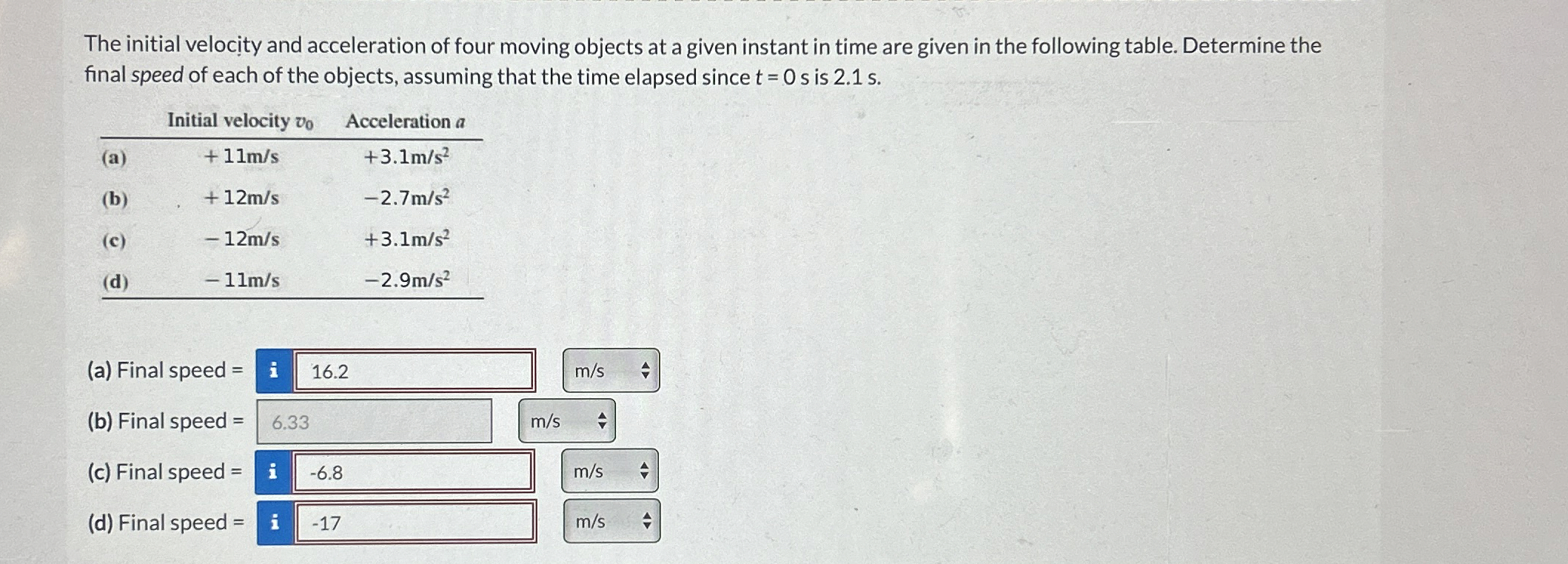Solved The Initial Velocity And Acceleration Of Four Moving