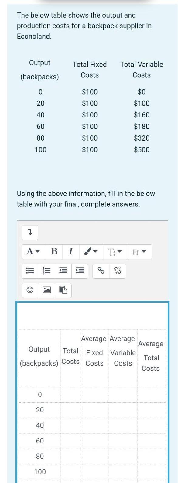Solved The below table shows the output and production costs | Chegg.com