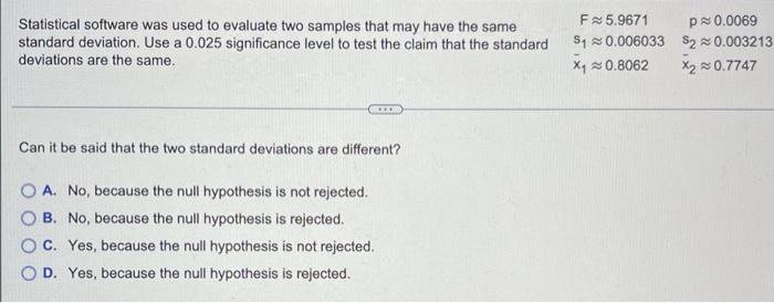 Solved Statistical software was used to evaluate two samples | Chegg.com