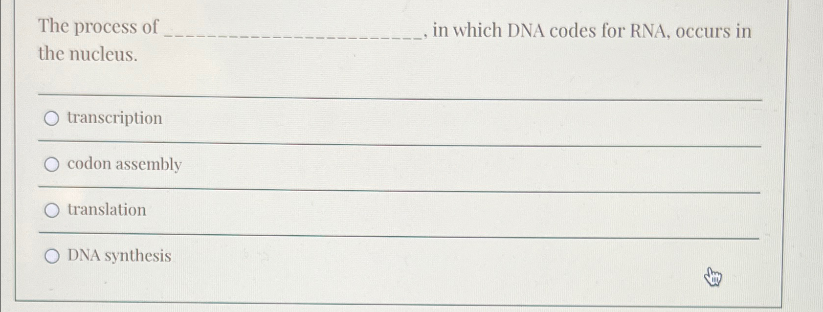 Solved The process of , ﻿in which DNA codes for RNA, occurs | Chegg.com