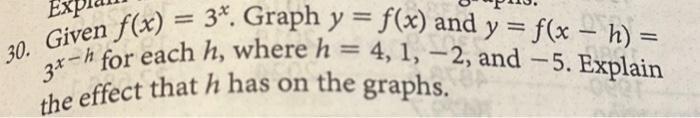 Solved 30. Given f(x) = 3^x. Graph y = f(x) and y = f(x - h) | Chegg.com