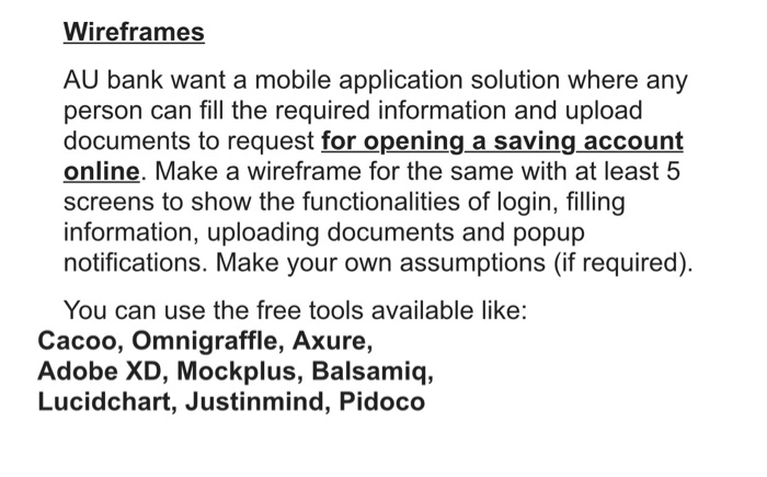 Wireframes AU bank want a mobile application solution | Chegg.com
