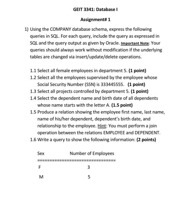 GEIT 3341: Database I Assignment# 1 1) Using the | Chegg.com