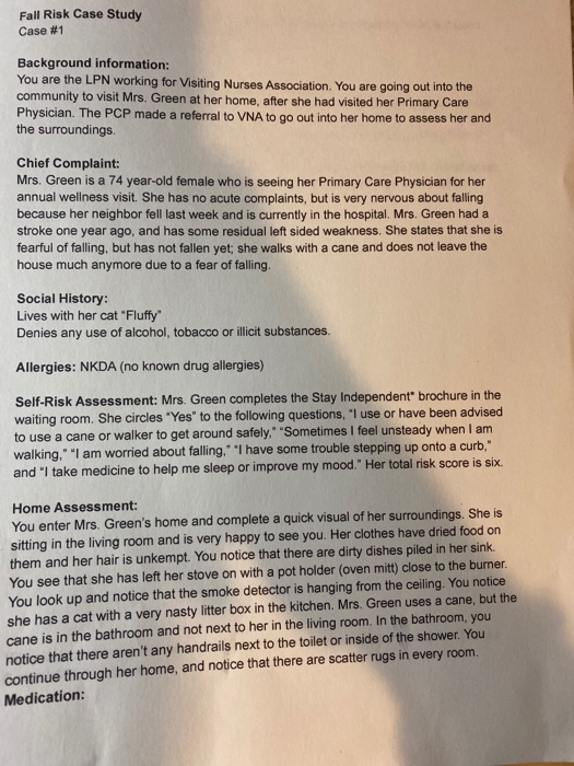 Solved Fall Risk Case Study Case #1 Background information: | Chegg.com