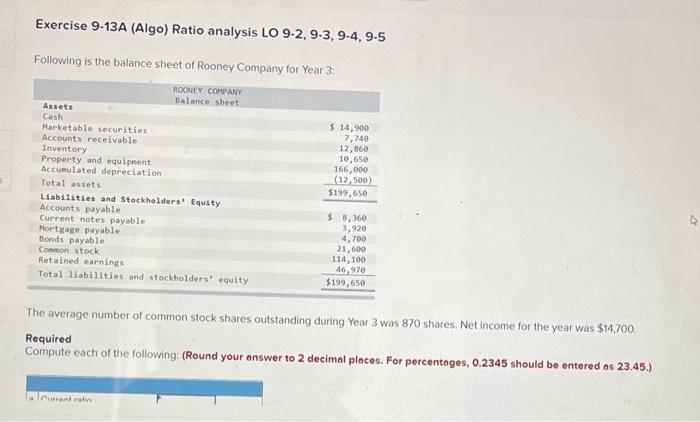 Solved Exercise 9-13A (Algo) Ratio analysis LO 9-2, 9-3, | Chegg.com