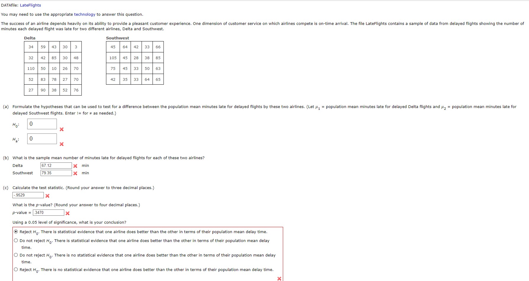 Solved DATAfile: LateFlightsYou may need to use the | Chegg.com