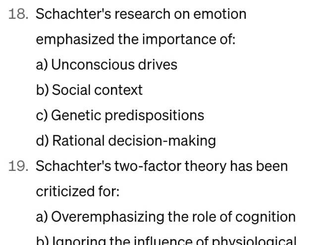 Solved Schachter's research on emotion emphasized the | Chegg.com