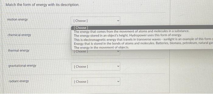 Solved Match the form of energy with its description. motion | Chegg.com