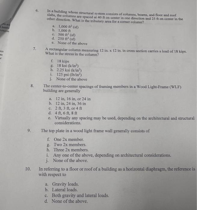 Solved 6. In a building whose structural system consists of | Chegg.com