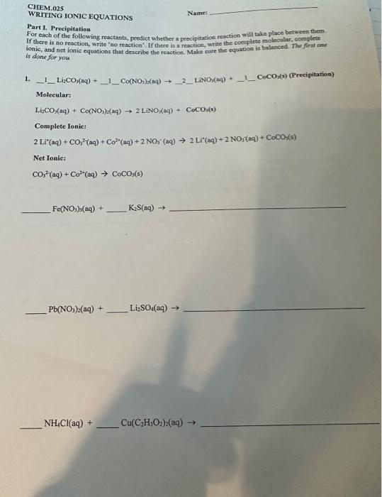 Solved Part L. Precipitation For each of the following | Chegg.com