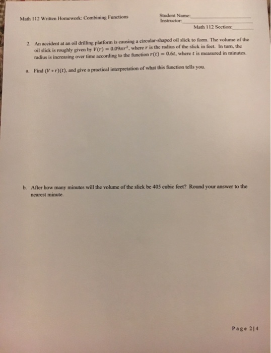 Solved Math 112 Written Homework: Combining Functions | Chegg.com