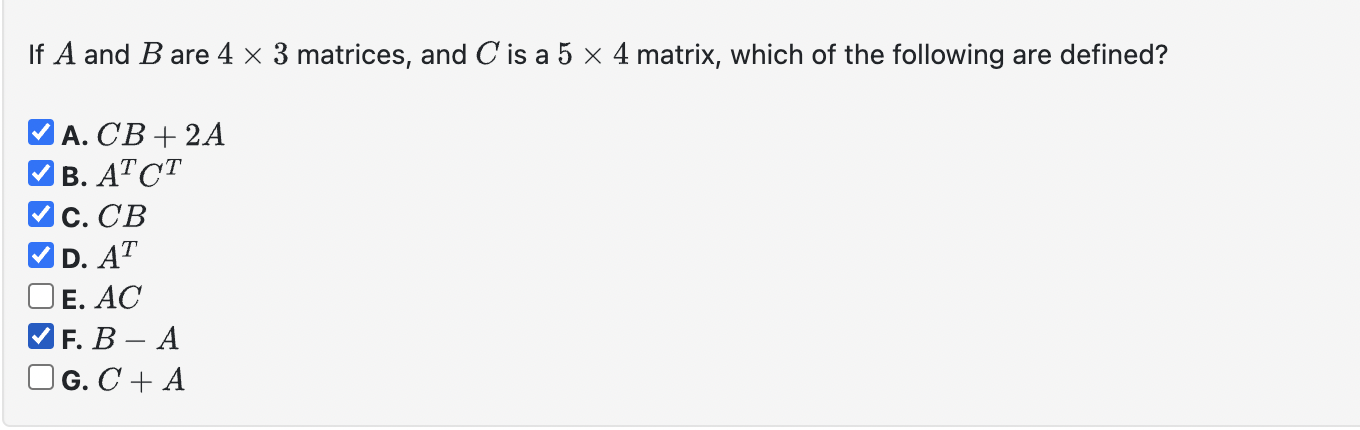 Solved If A and B ﻿are 4×3 ﻿matrices, and C ﻿is a 5×4 | Chegg.com