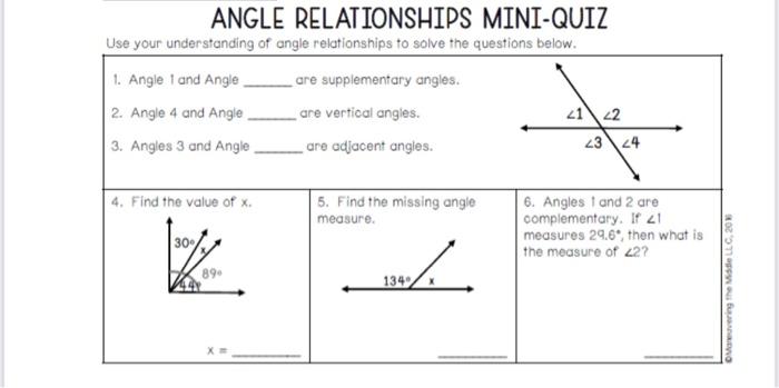 Solved ANGLE RELATIONSHIPS MINI-QUIZ Use your understanding | Chegg.com