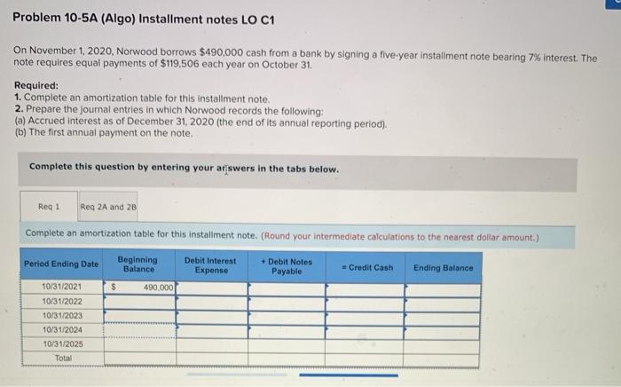 Solved Problem 10-5A (Algo) Installment notes LO C1 On | Chegg.com
