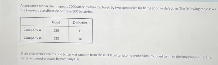 Solved A consumer researcher inspects 300 batteries | Chegg.com