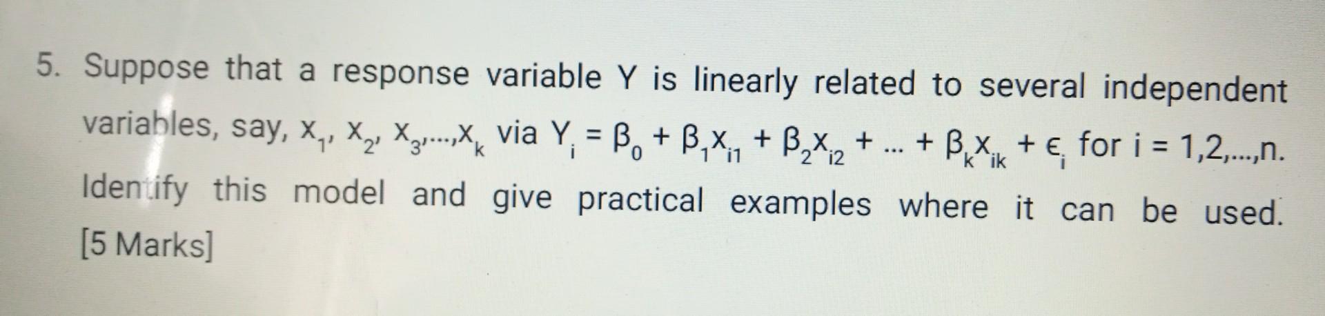 Solved 5. Suppose that a response variable Y is linearly | Chegg.com