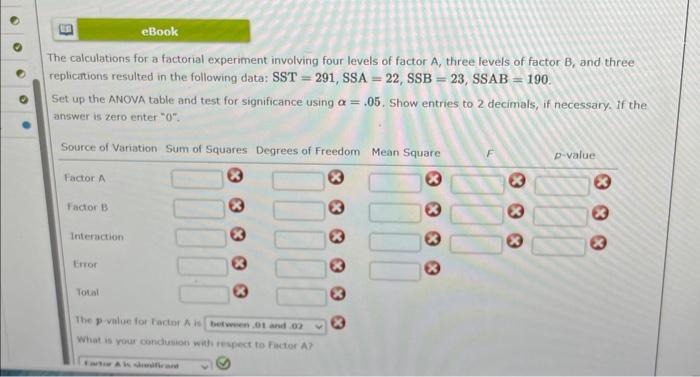 Solved The calculations for a factorial experiment involving | Chegg.com
