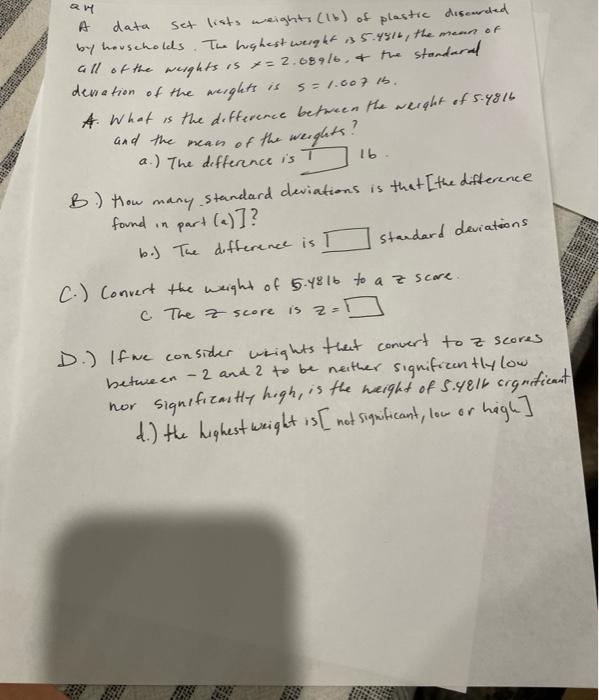 A data set lists weights (1b) of plastic diseunded by | Chegg.com