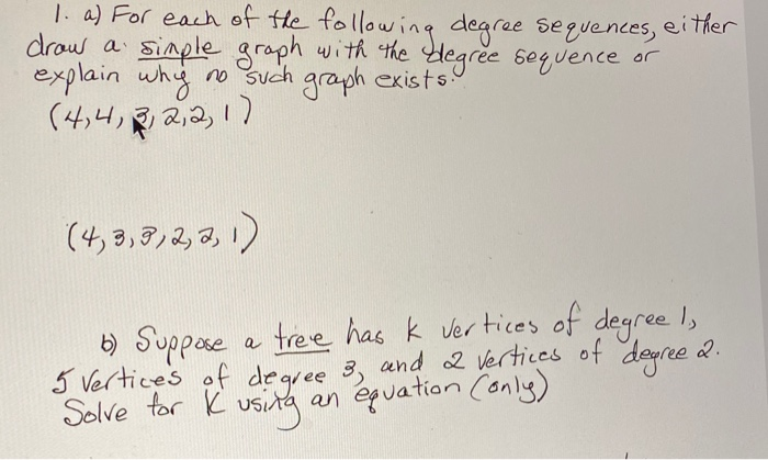 Solved 1. a) For each of the following degree sequences, | Chegg.com