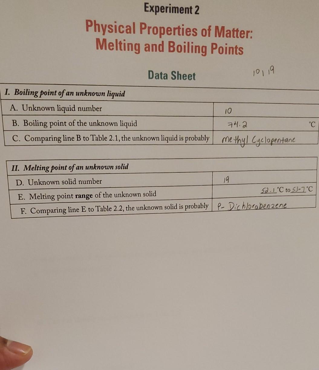 Solved Experiment 2 Physical Properties of Matter: Melting | Chegg.com