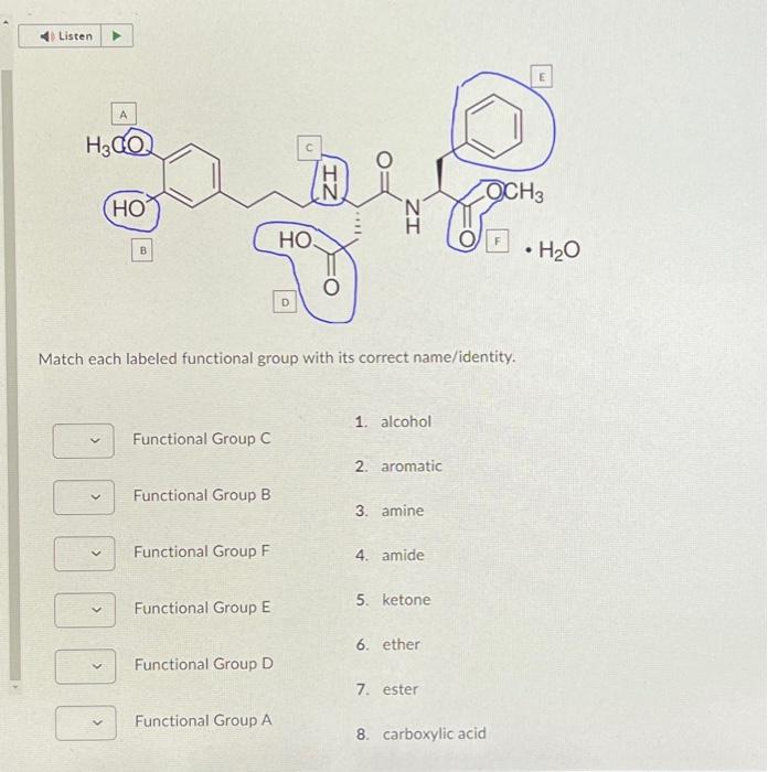 Solved Match each labeled functional group with its correct | Chegg.com
