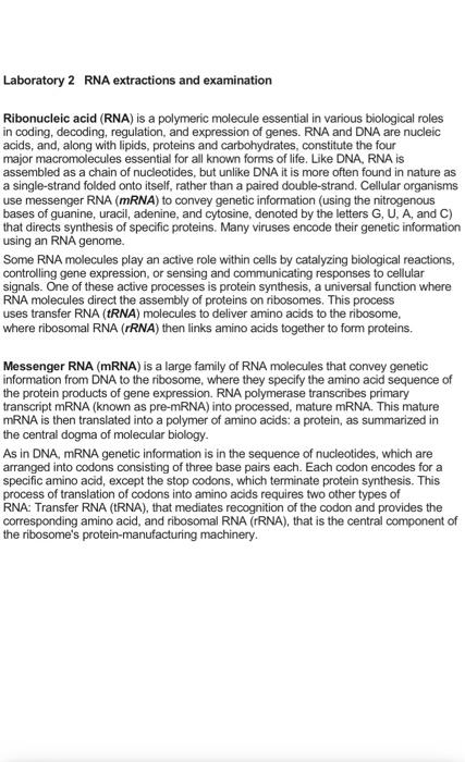 Solved Laboratory 2 RNA extractions and examination | Chegg.com