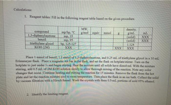 Solved Calculations: 1. Reagent tables: Fill in the | Chegg.com