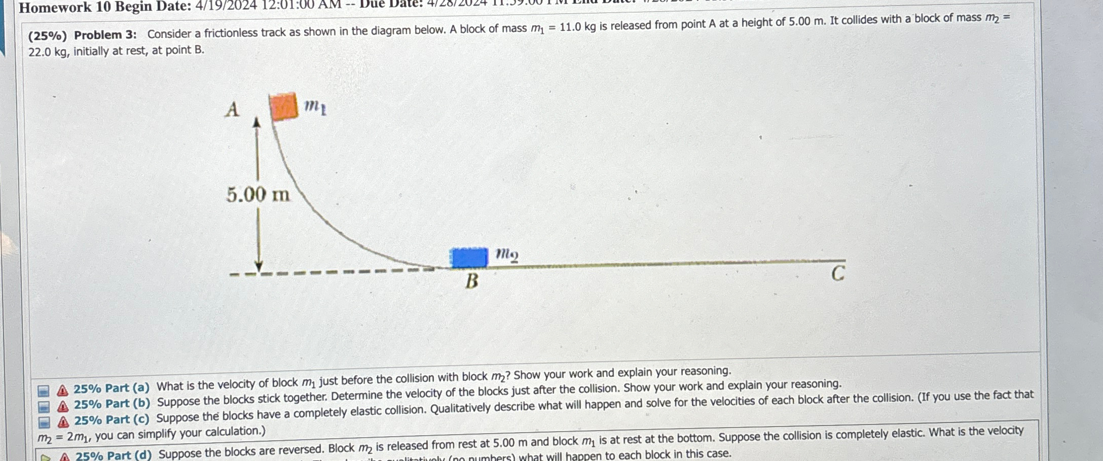Solved (25%) ﻿Problem 3: Consider a frictionless track as | Chegg.com