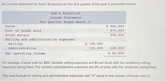 Solved An income statement for Sam's Bookstore for the first | Chegg.com