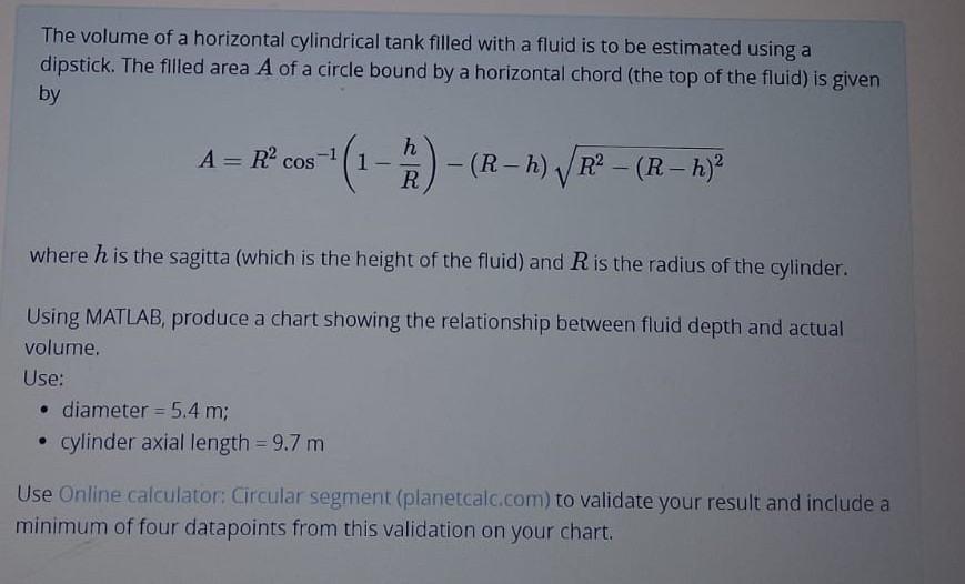 Solved The volume of a horizontal cylindrical tank filled | Chegg.com