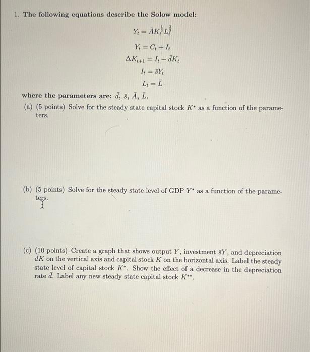 Solved 1. The following equations describe the Solow model: | Chegg.com