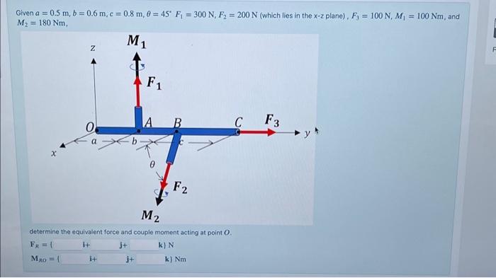 Solved Given a=0.5 m,b=0.6 m,c=0.8 m,θ=45∘F1=300 N,F2=200 N | Chegg.com