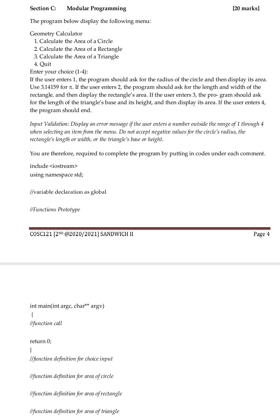 Solved Section C: Modular Programming [20 marks] The program | Chegg.com