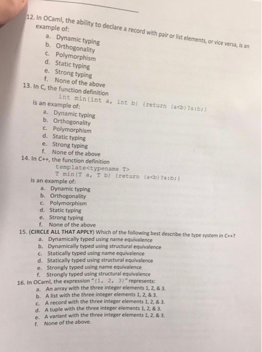Solved 12. In OCaml, the ability to declare a record with | Chegg.com