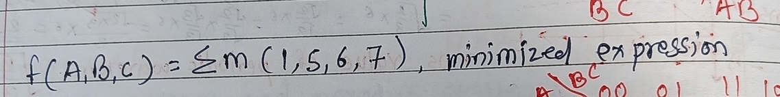 Solved f(A,B,C)=∑??m(1,5,6,7), ﻿find minimized expression | Chegg.com