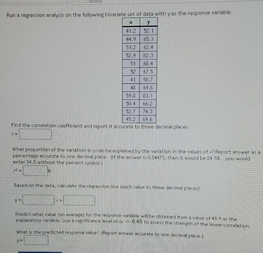 Solved Run a regression analysis on the following bivariate | Chegg.com