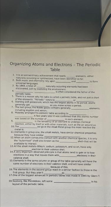 Solved Organizing Atoms and Electrons - The Periodic Table | Chegg.com