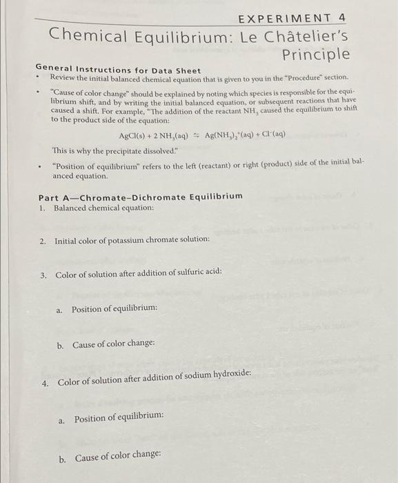 Solved EXPERIMENT 4 Chemical Equilibrium: Le Châtelier's | Chegg.com