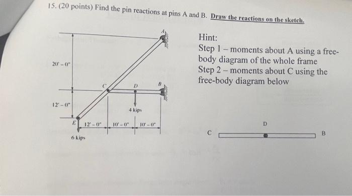 Solved 15. (20 points) Find the pin reactions at pins A and | Chegg.com